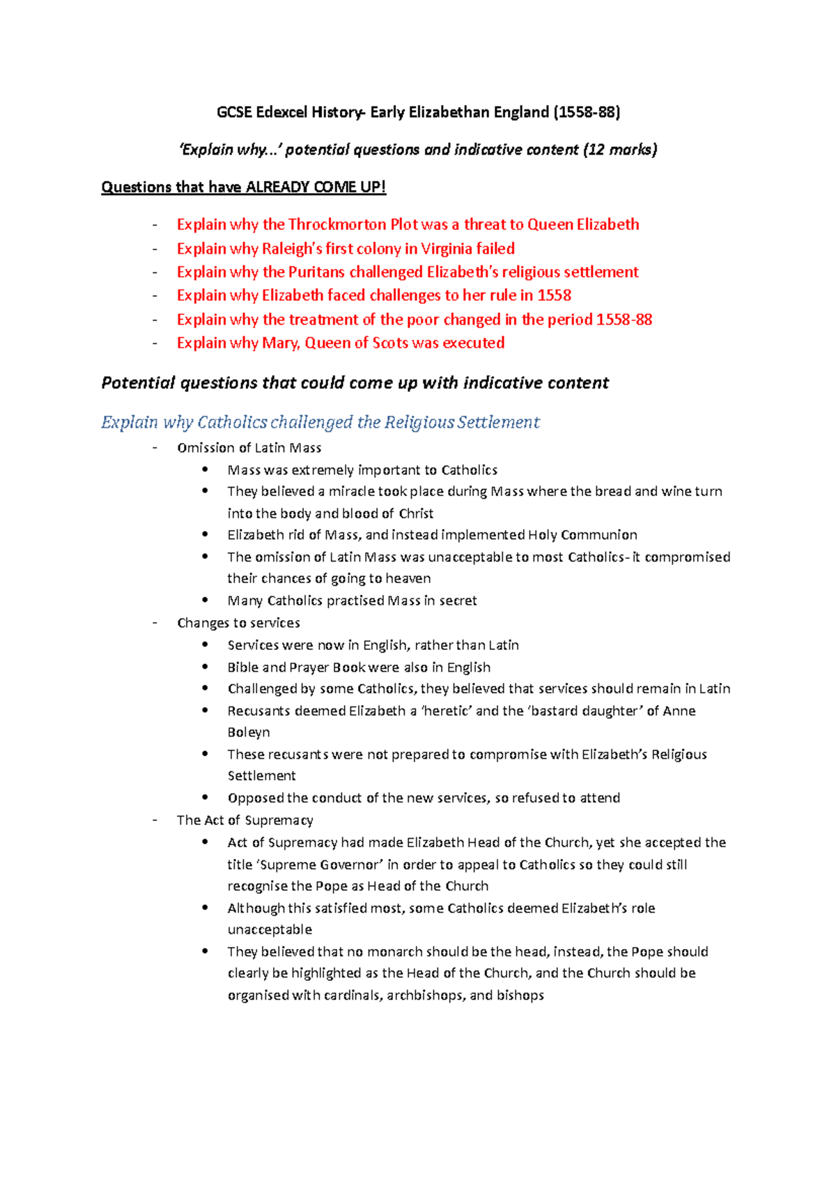 'Potential Exam Questions: Elizabethan England GCSE History (Edexcel ...