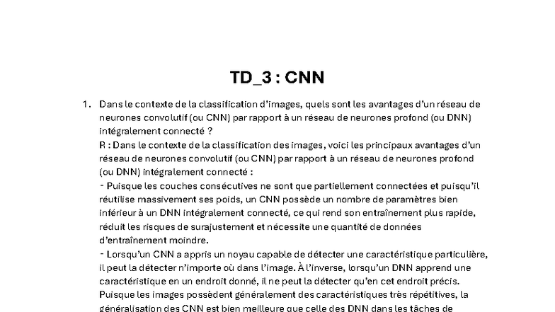 TD_3 : Avantages des CNN vs DNN en Classification d'Images - Studocu