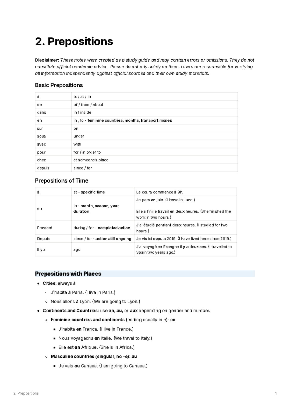 FR101: Prepositions Study Guide and Summary Notes - Studocu
