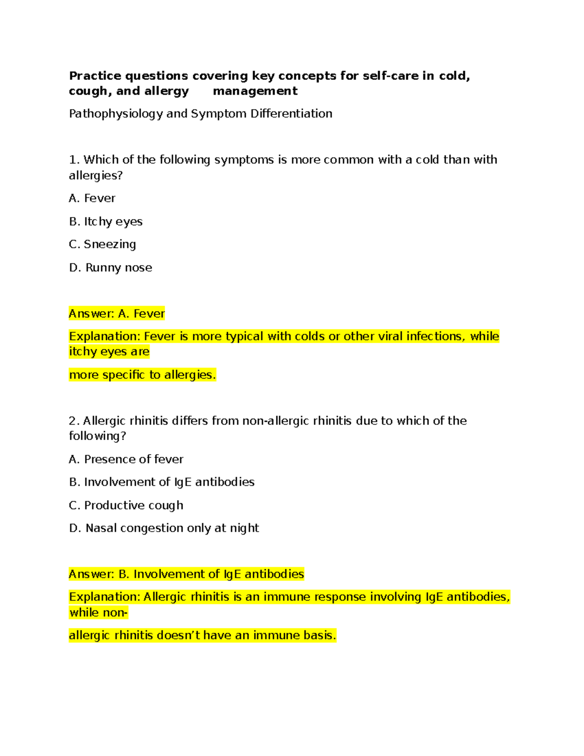Self-Care Practice Questions for Cold, Cough, and Allergy Management ...