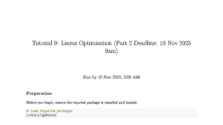 Tutorial 9: Linear Optimisation (Part 2) - Due 10 Nov 2025 - Studocu