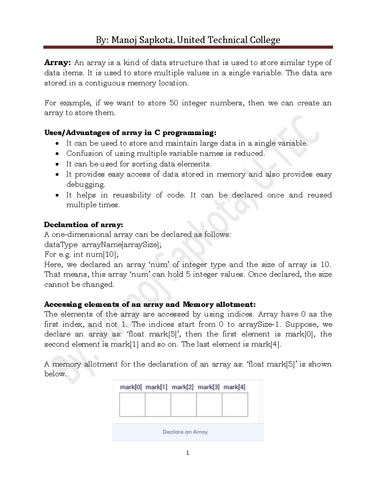 C Programming Note Array And Strings - Array: An array is a kind of ...