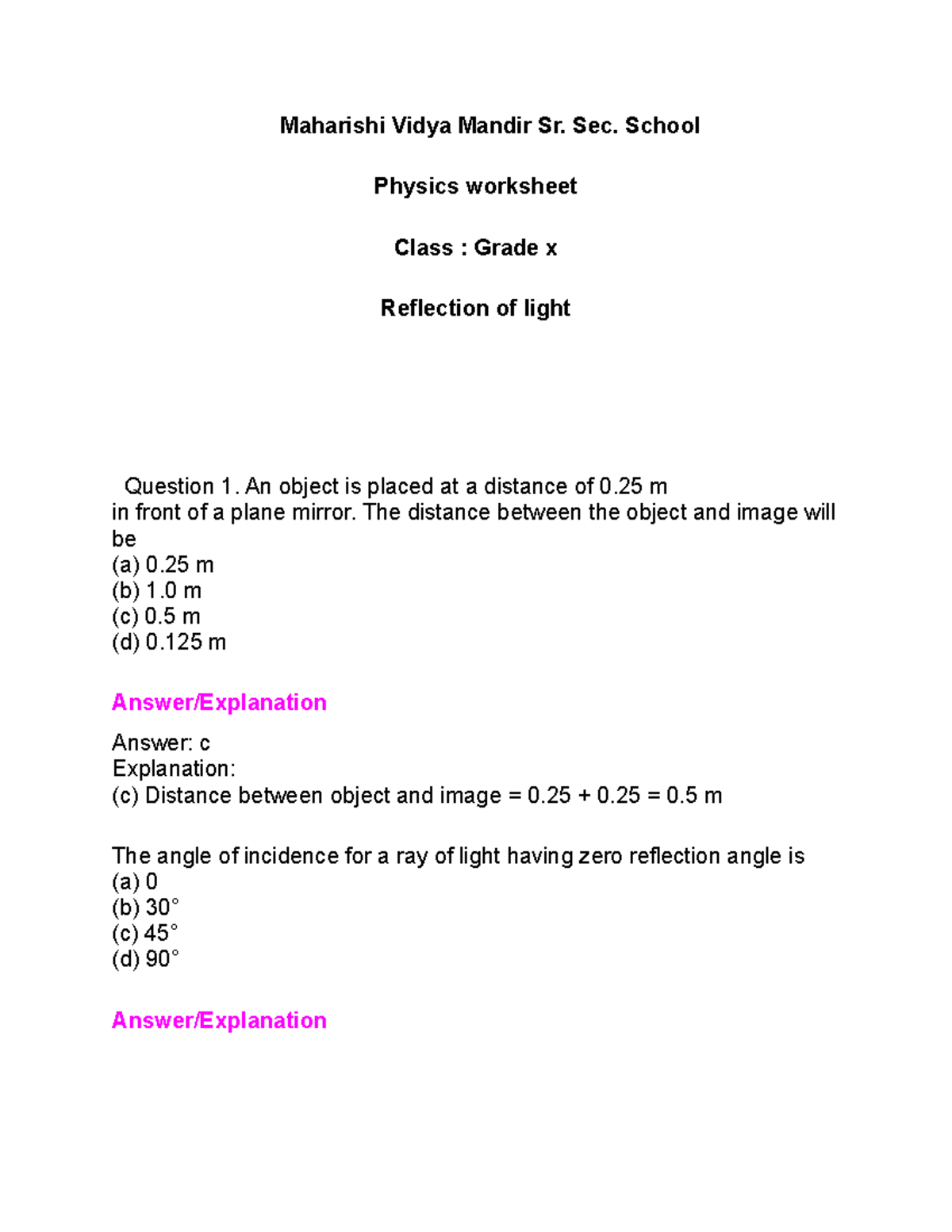 MCQ Questions on Spherical Mirrors for Grade X Physics Worksheet - Studocu