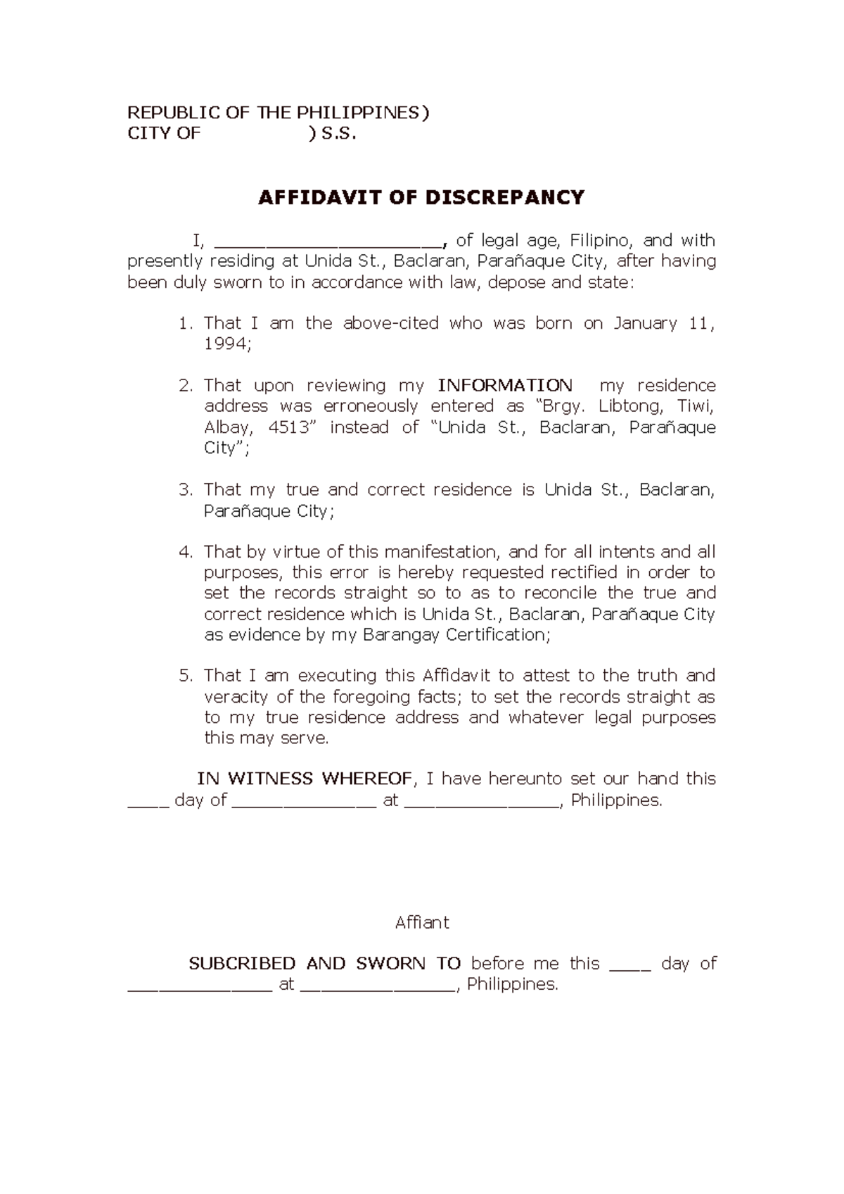 Affidavit of Discrepancy for STDC: Correcting Residence Address - Studocu