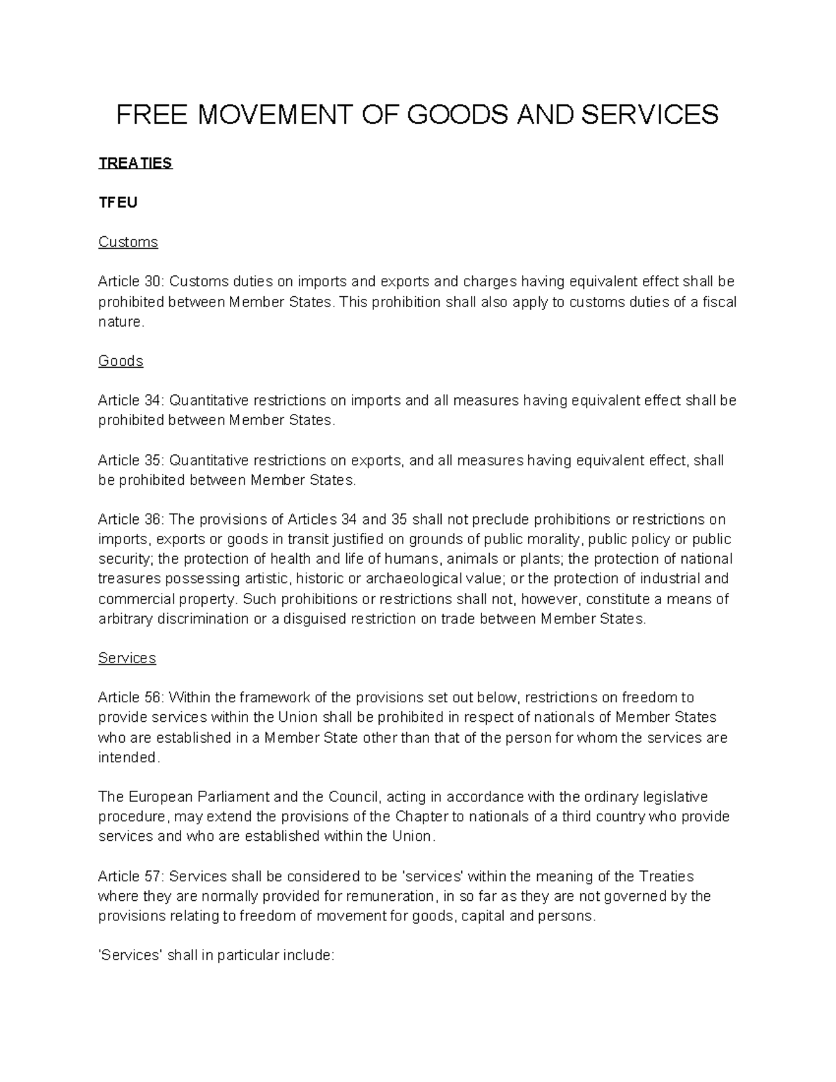 (T) Free Movement of Goods and Services: TFEU Articles Overview - Studocu