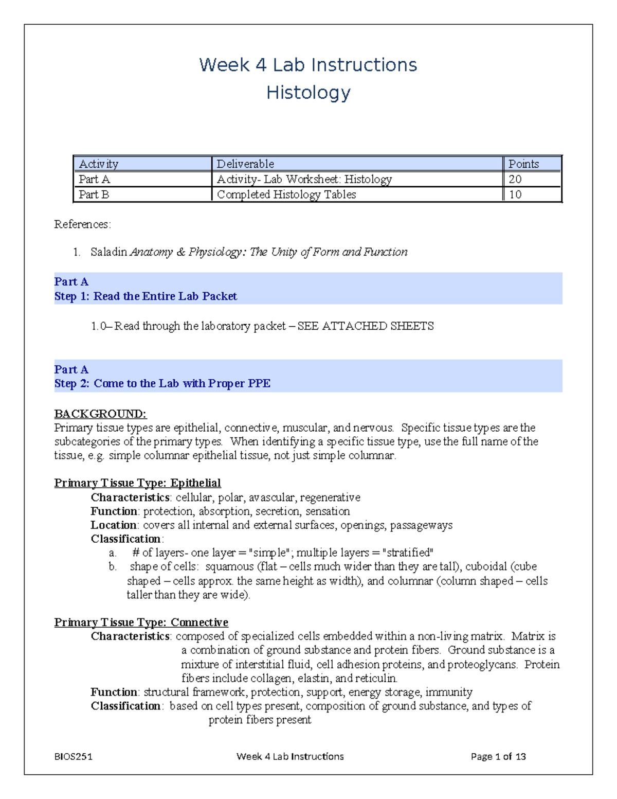 BIOS251 Week 4 Histology Lab Instructions and Activities - Studocu