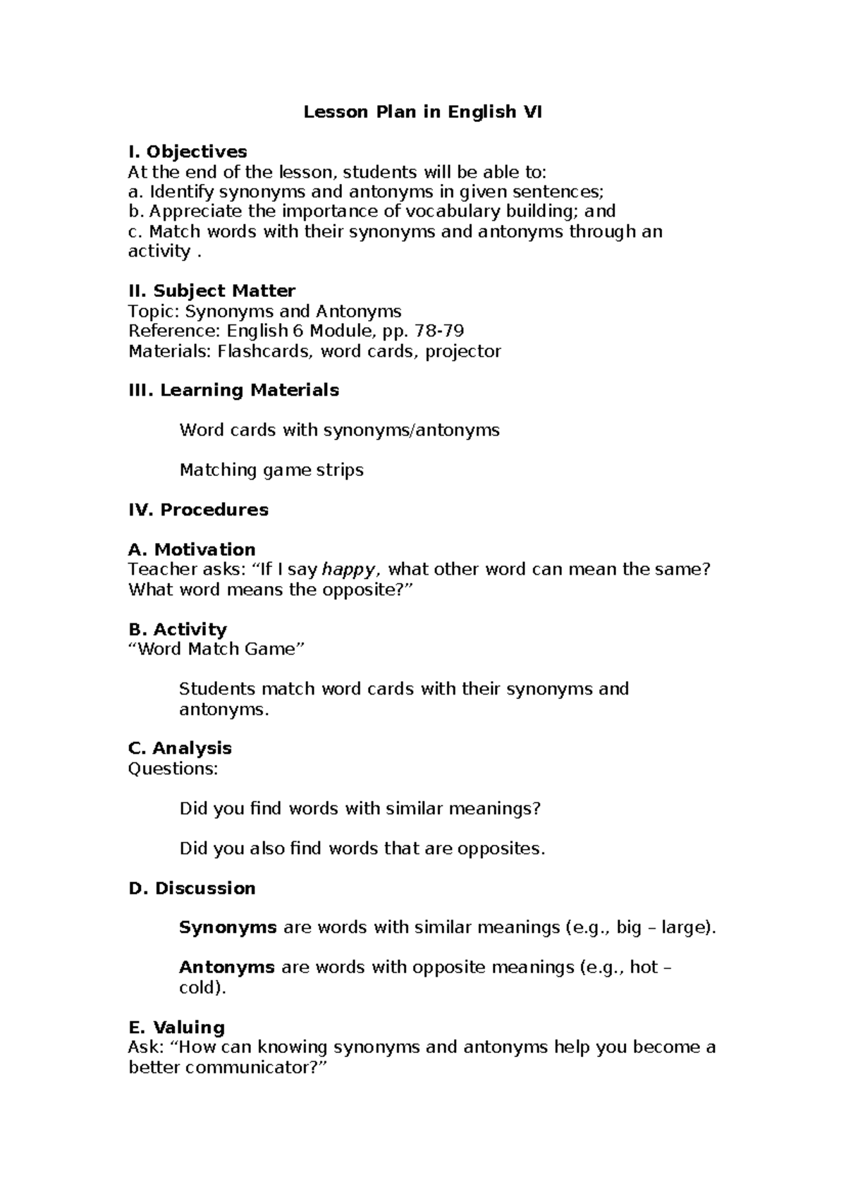 English VI Lesson Plan: Exploring Synonyms & Antonyms - Studocu