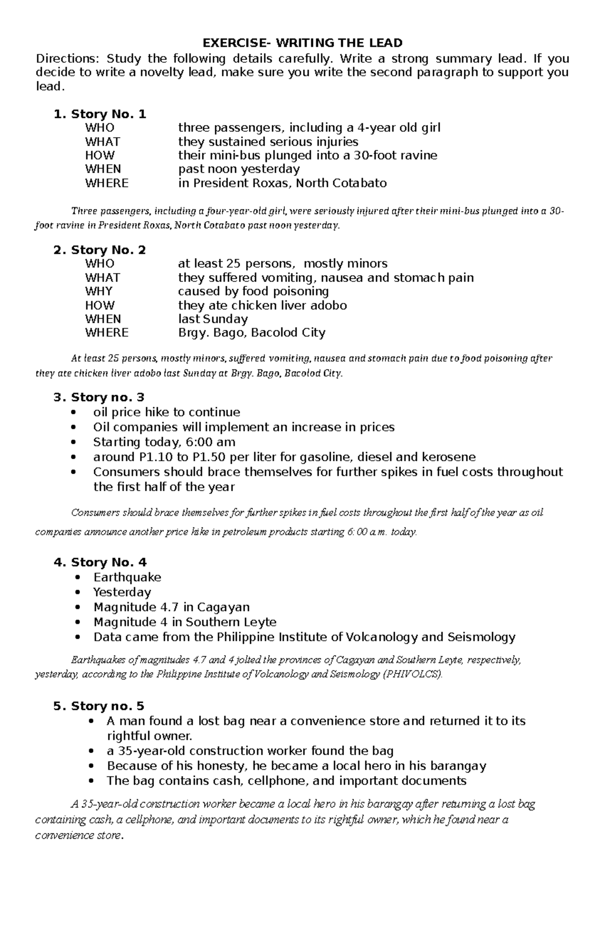 Exercise on Writing Strong Summary Leads with Answer Key - Studocu