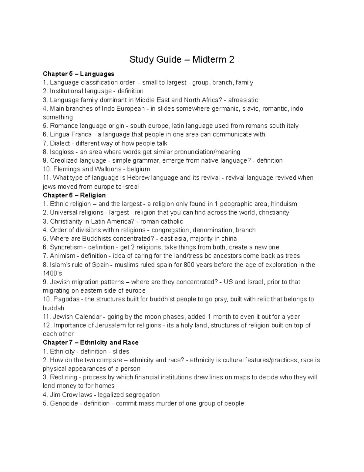 Study Guide - Midterm 2: Languages, Religion, Ethnicity, and Politics ...