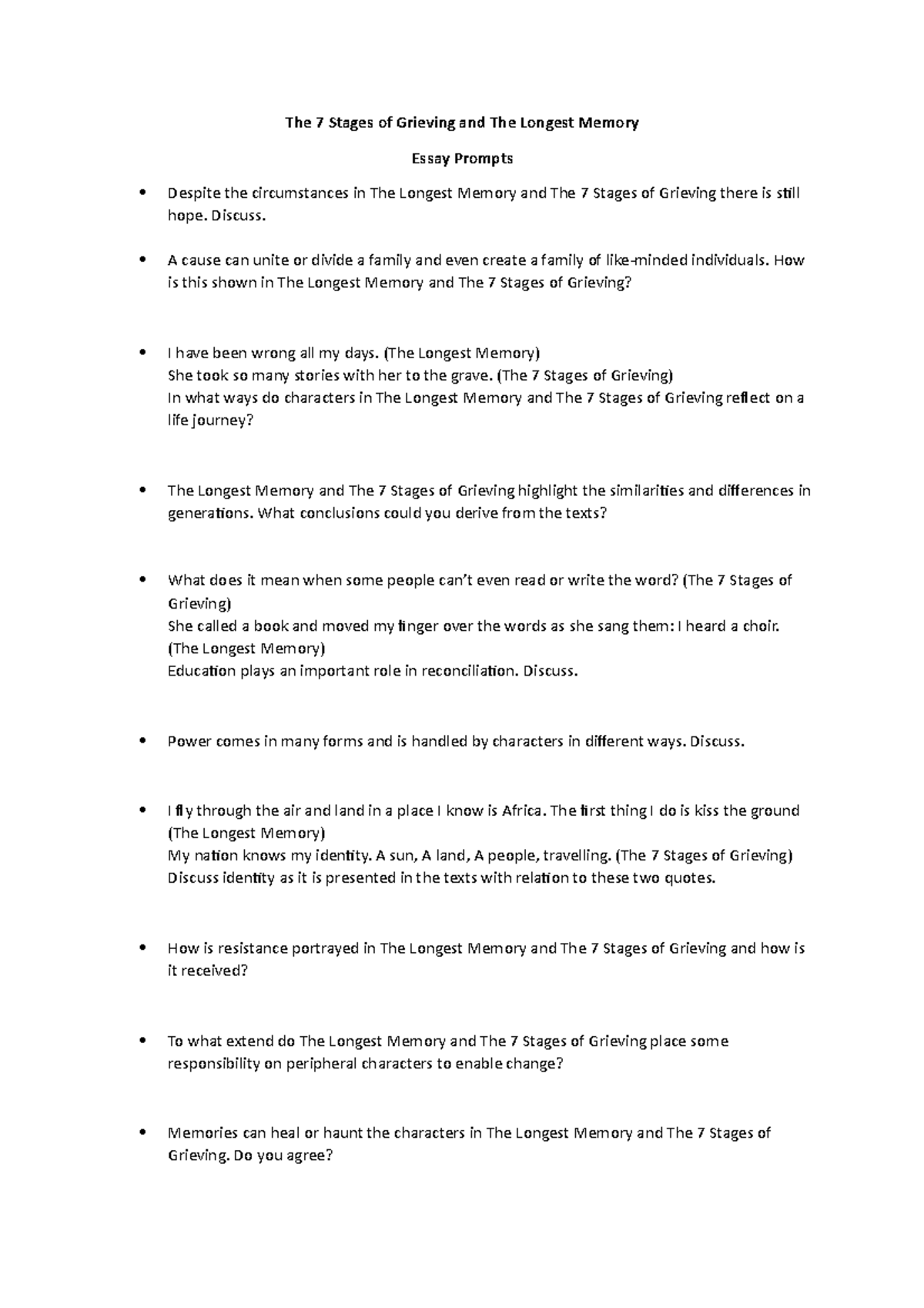 ENG 201: Essay Prompts for The 7 Stages of Grieving & The Longest ...