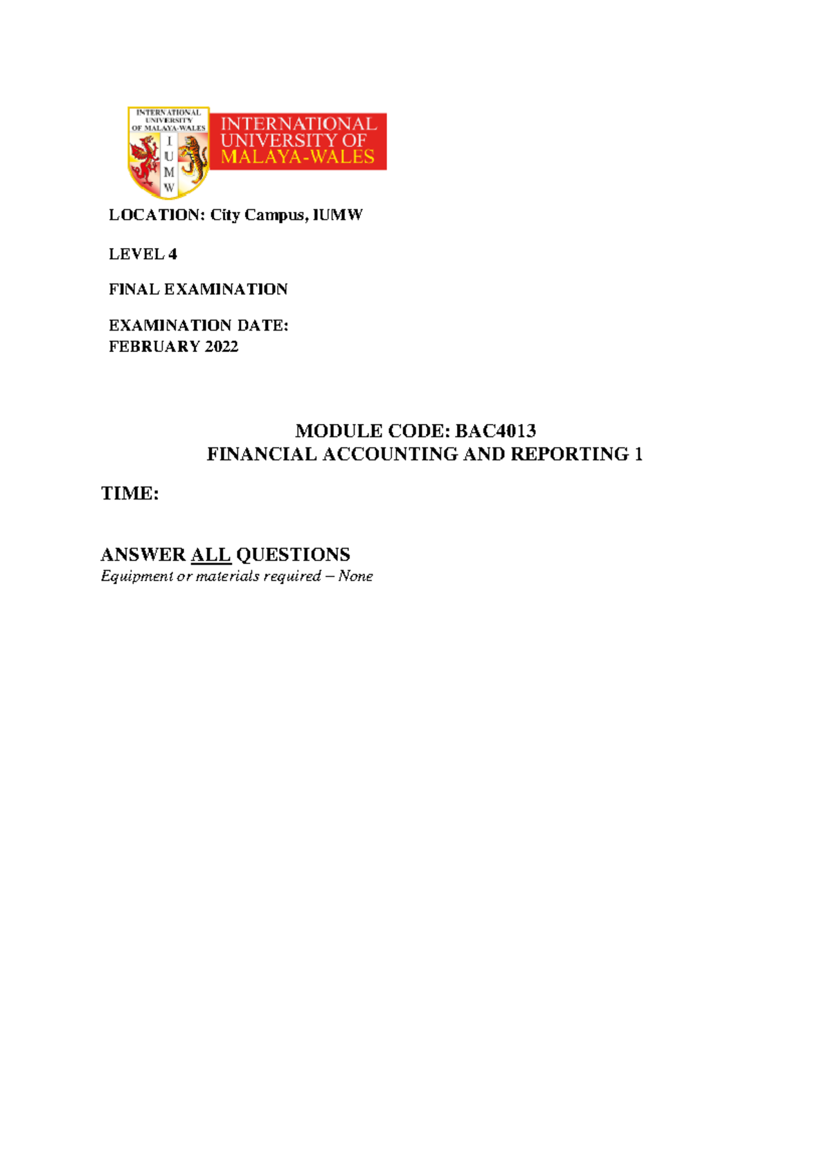 BAC Financial Accounting and Reporting 1 Final Exam February 2022 - Studocu