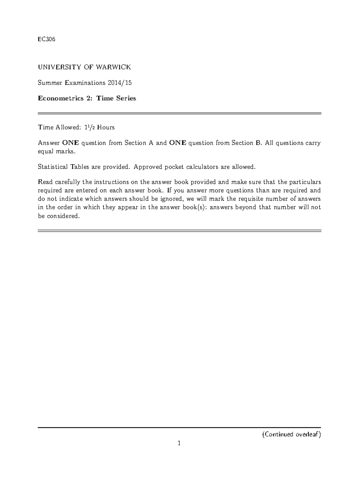 EC306 Final Exam: Econometrics 2 - Time Series - Studocu