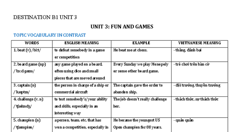 DESTINATION B1 UNIT 3: FUN AND GAMES VOCABULARY GUIDE - Studocu