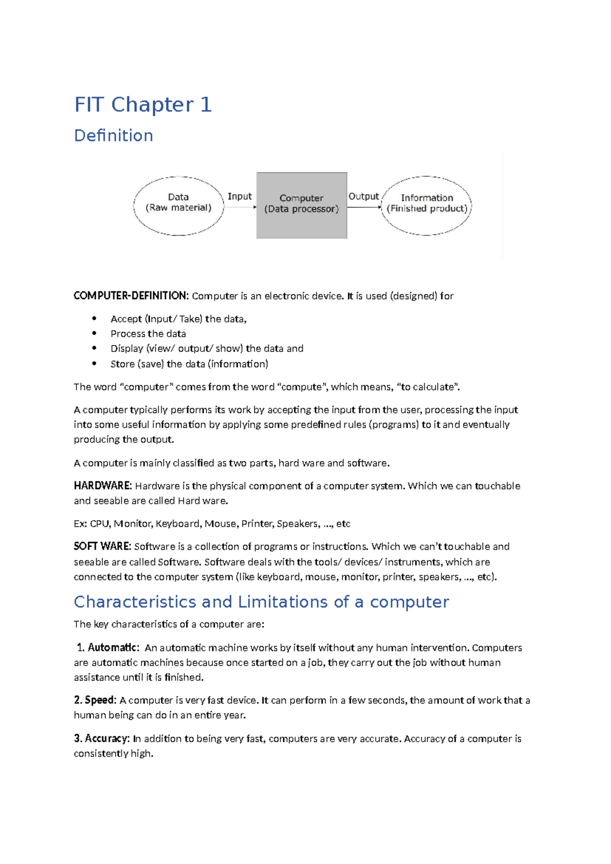 FIT BCom CA Chapter 1: Introduction to Computers and Their Functions - Studocu