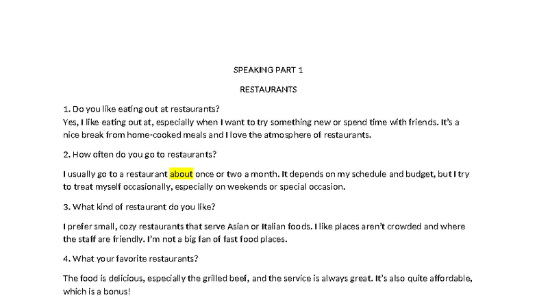 SPEAKING PART 1: RESTAURANT PREFERENCES & EXPERIENCES - Studocu
