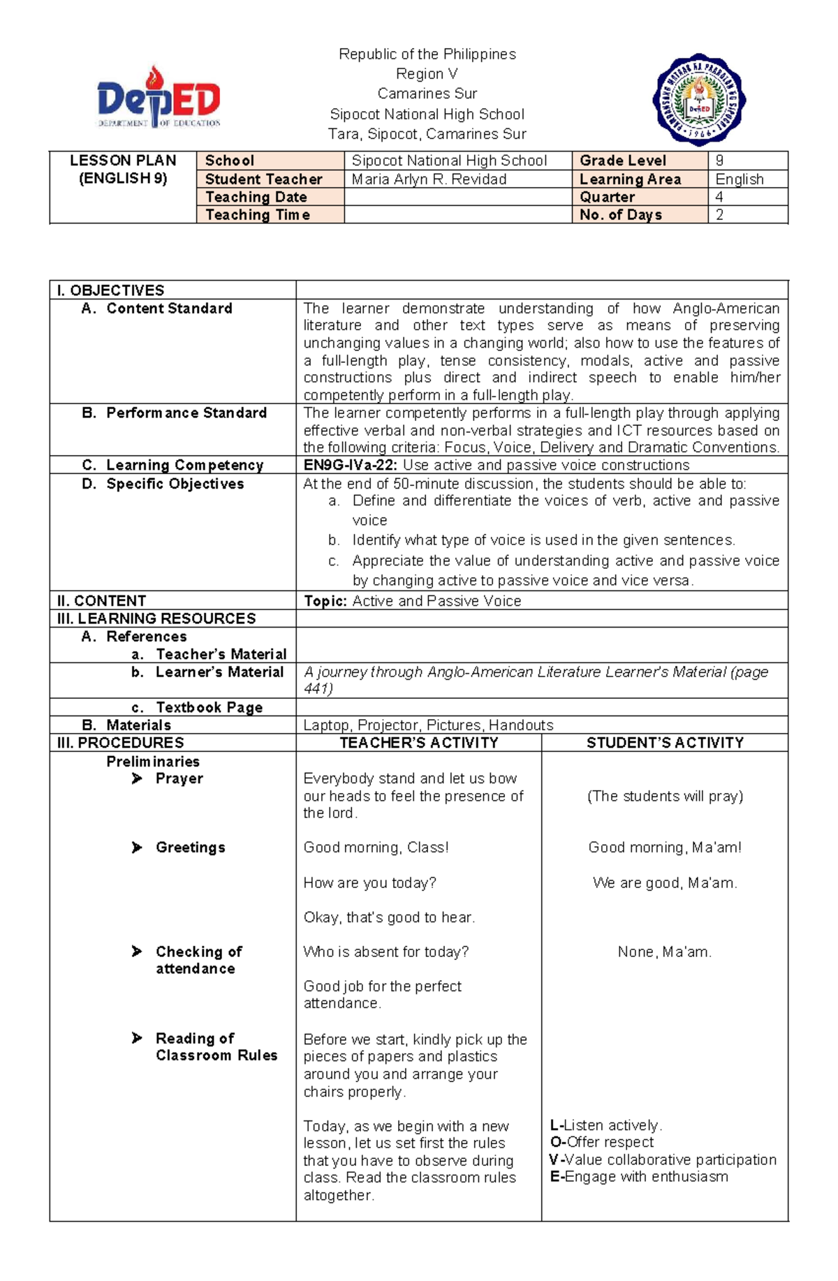 ENGLISH 9 Lesson Plan: Active and Passive Voice (Quarter 4) - Studocu