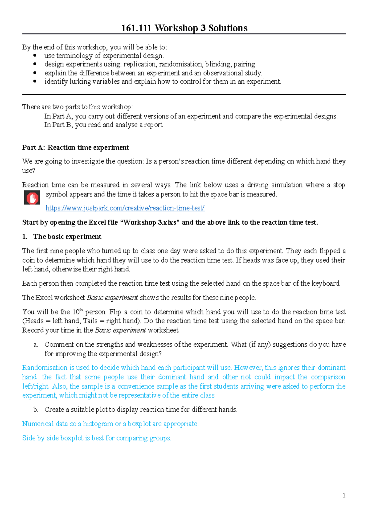 Workshop 3 Solutions (Experimental design) - By the end of this ...