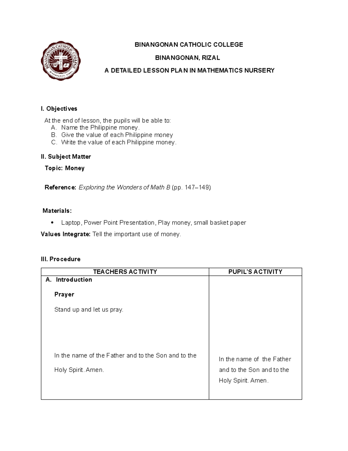 Detailed Lesson Plan in Mathematics (Nursery I) - Money Concepts - Studocu