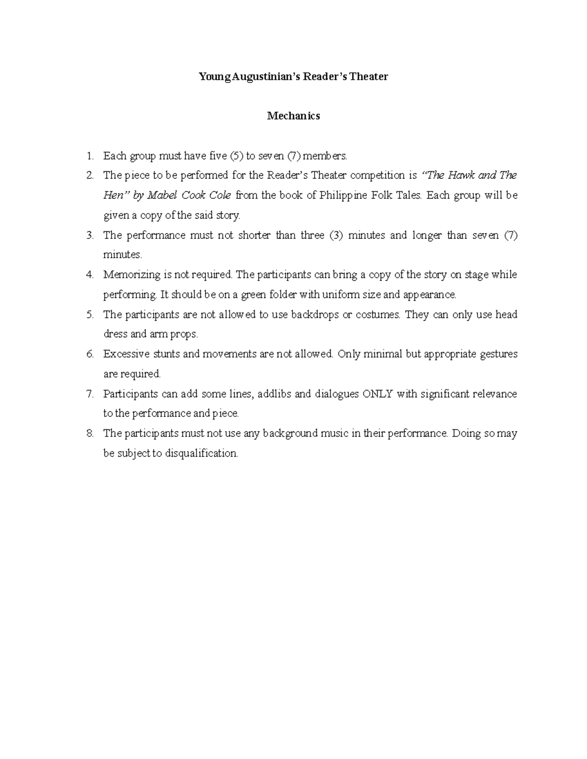 Young Augustinian Reader’s Theater Rubrics for “The Hawk and The Hen ...