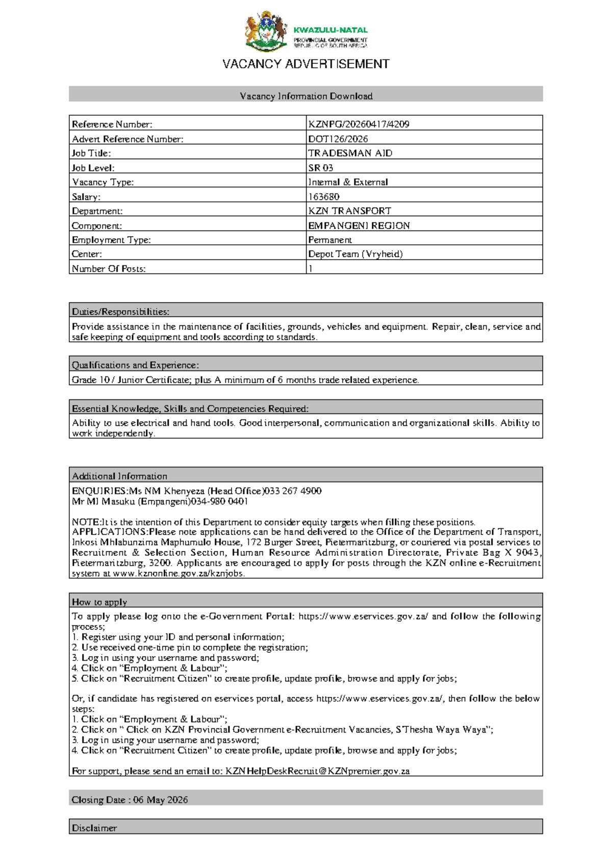 KZN Transport Vacancy: Tradesman AID Position Details - Studocu