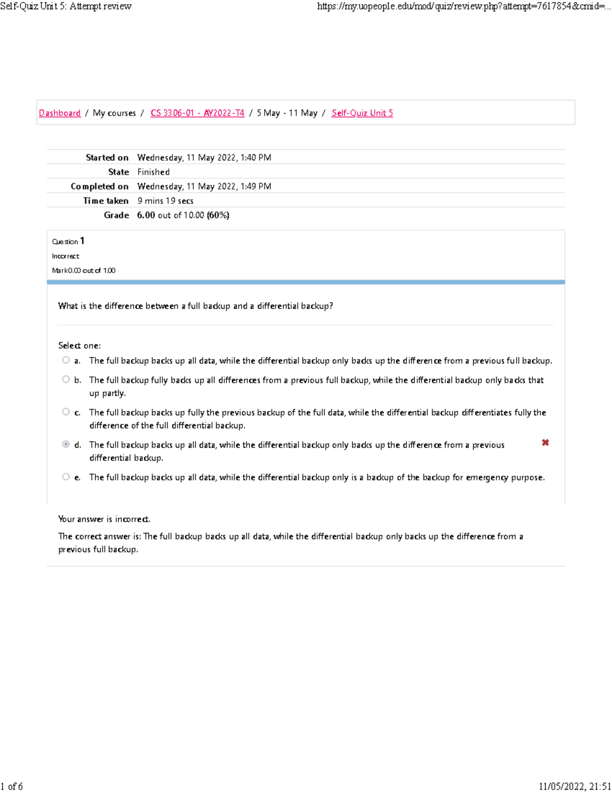 Databases 2 self quiz unit 5 - Started on Wednesday, 11 May 2022, 1:40 ...