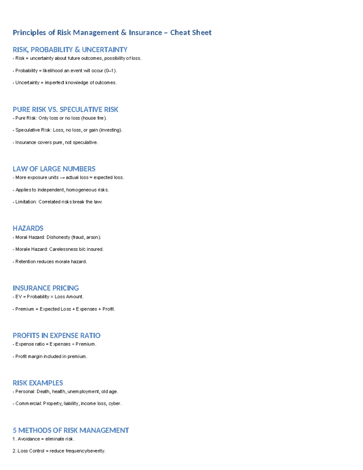 RISK 101: Principles of Risk Management Insurance Cheat Sheet - Studocu