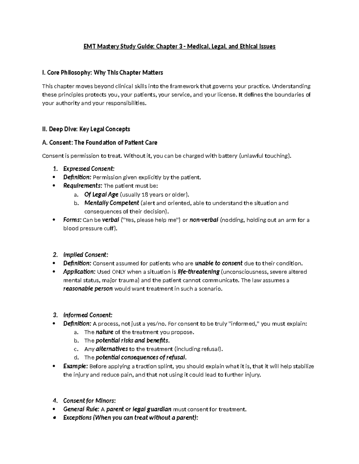 EMT 101 Study Guide: Chapter 3 - Medical, Legal, & Ethical Issues - Studocu