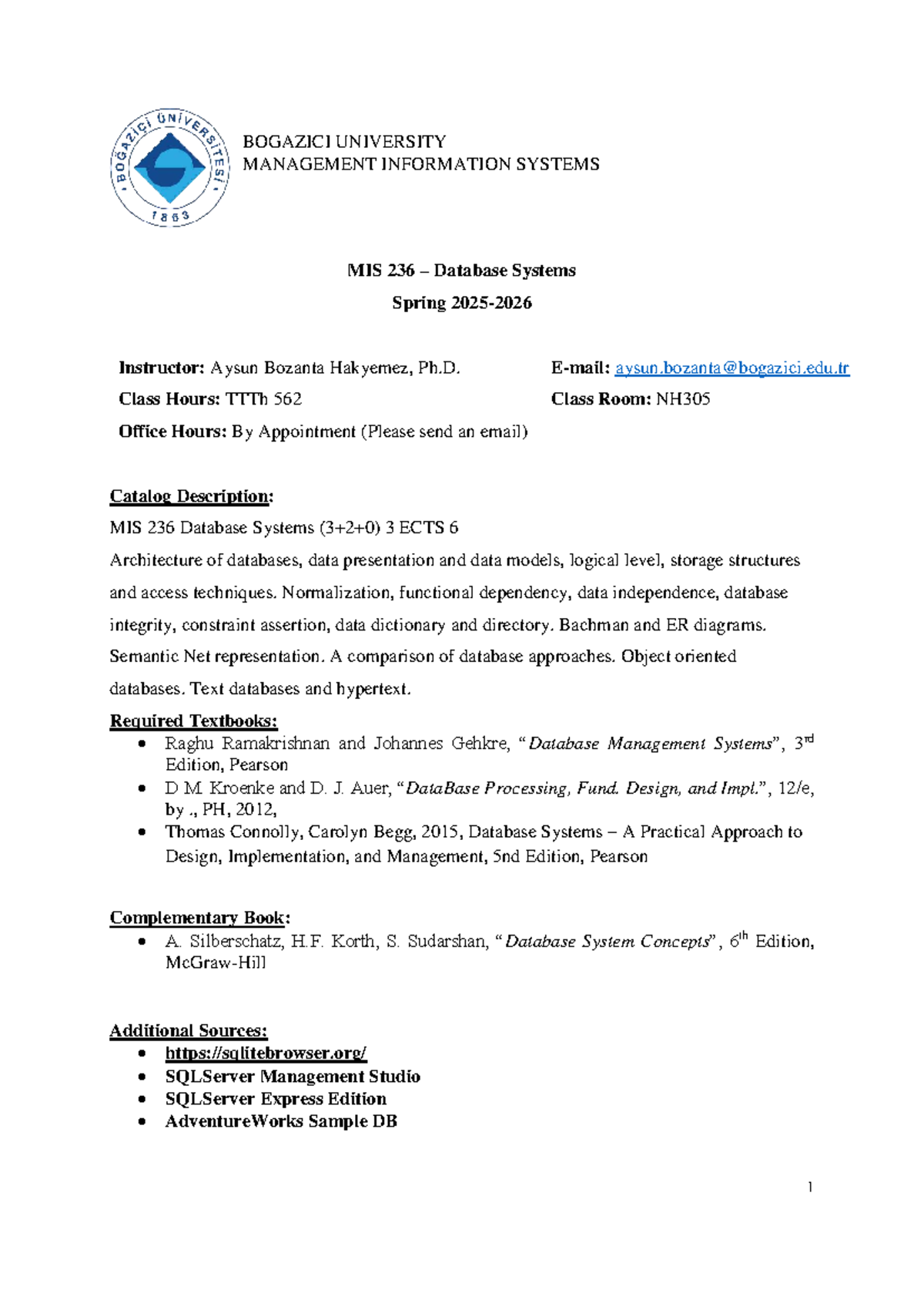 MIS 236 Database Systems Syllabus - Spring 2026 - Studocu