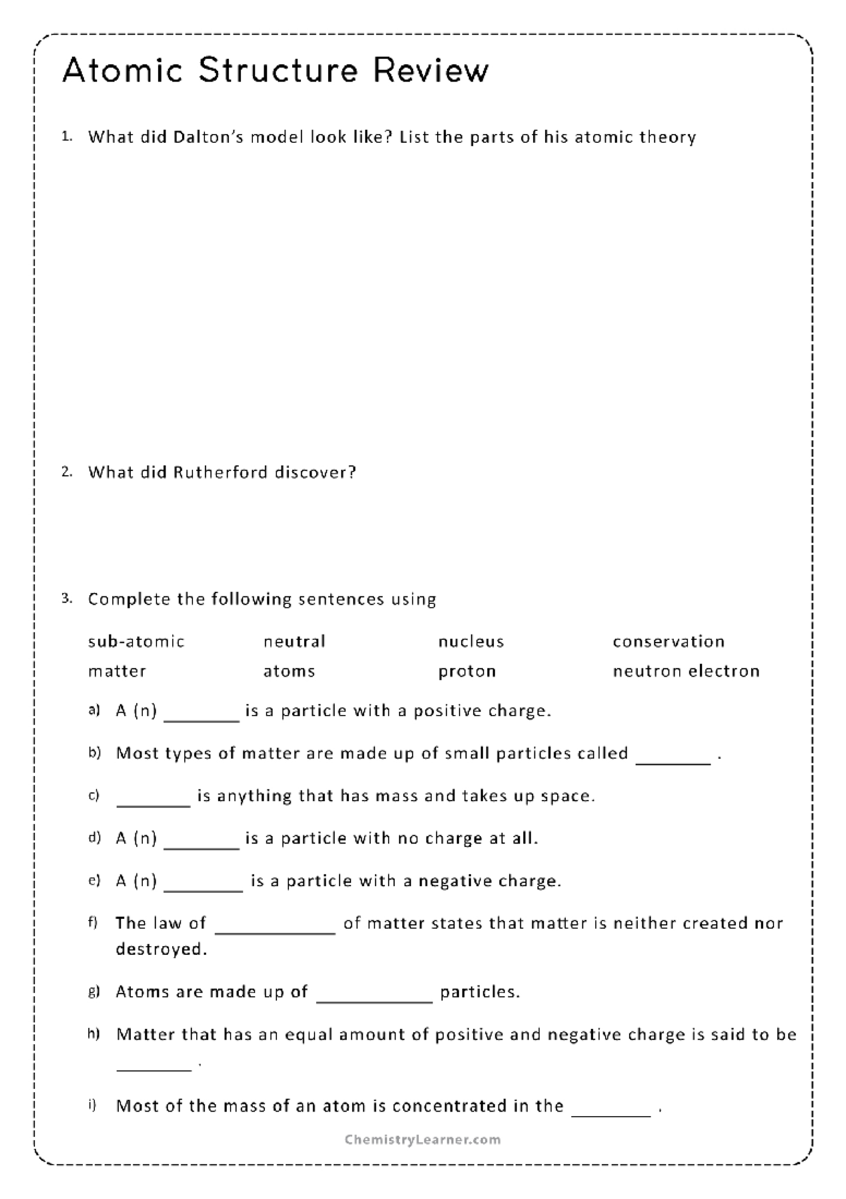 Matter and Atomic Structure Practice Problems Worksheet - Atomic ...