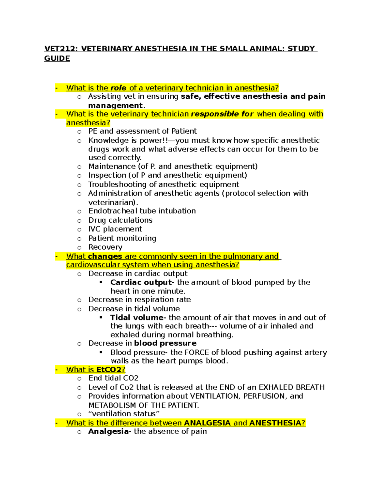 VET212: Veterinary Anesthesia Study Guide for Small Animals - Studocu