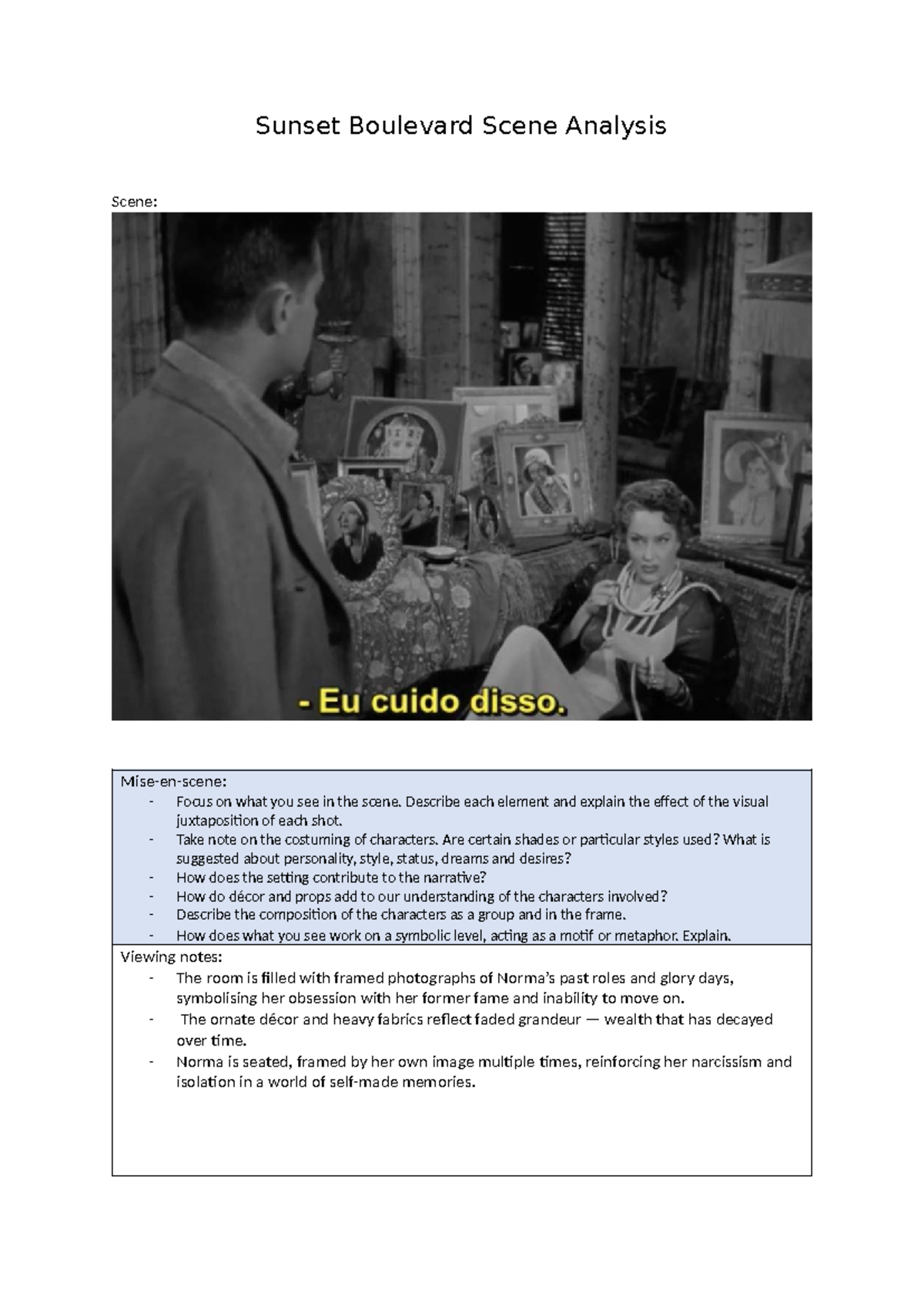 Sunset Boulevard Scene Analysis: Visual & Character Elements - Studocu