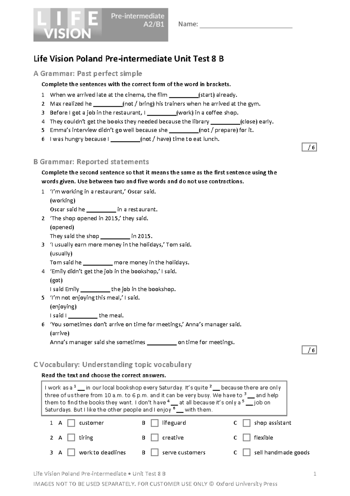 Life Vision Poland Pre-Intermediate Unit Test 8B - Grammar & Vocabulary ...