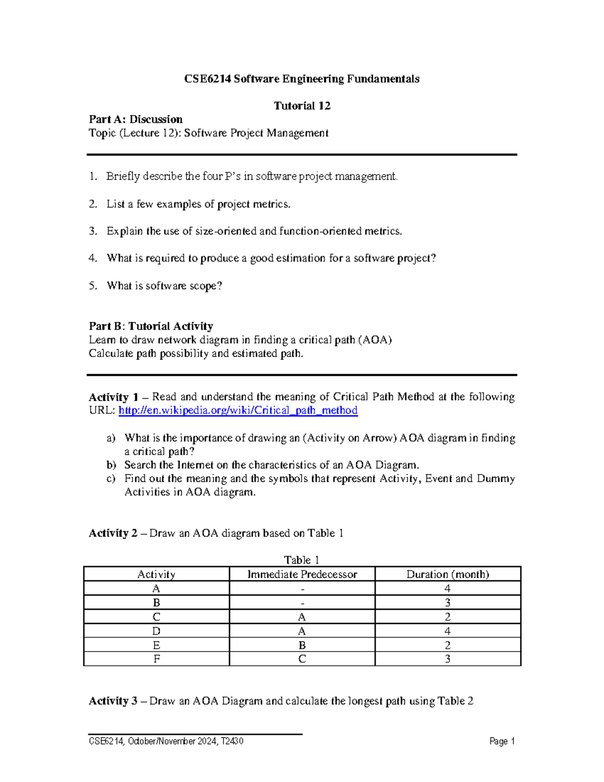 Tut12 - Tutorial - CSE6214, October/November 2024, T2430 Page 1 CSE6214 ...