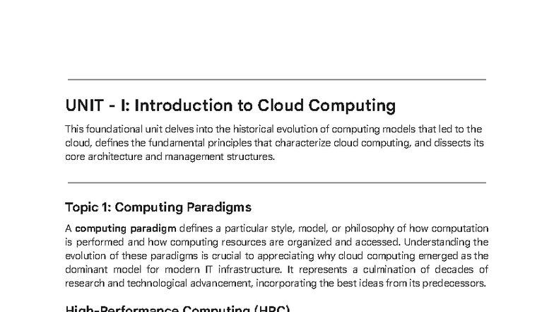 Unit I: Intro to Cloud Computing - Key Concepts & Architectures - Studocu