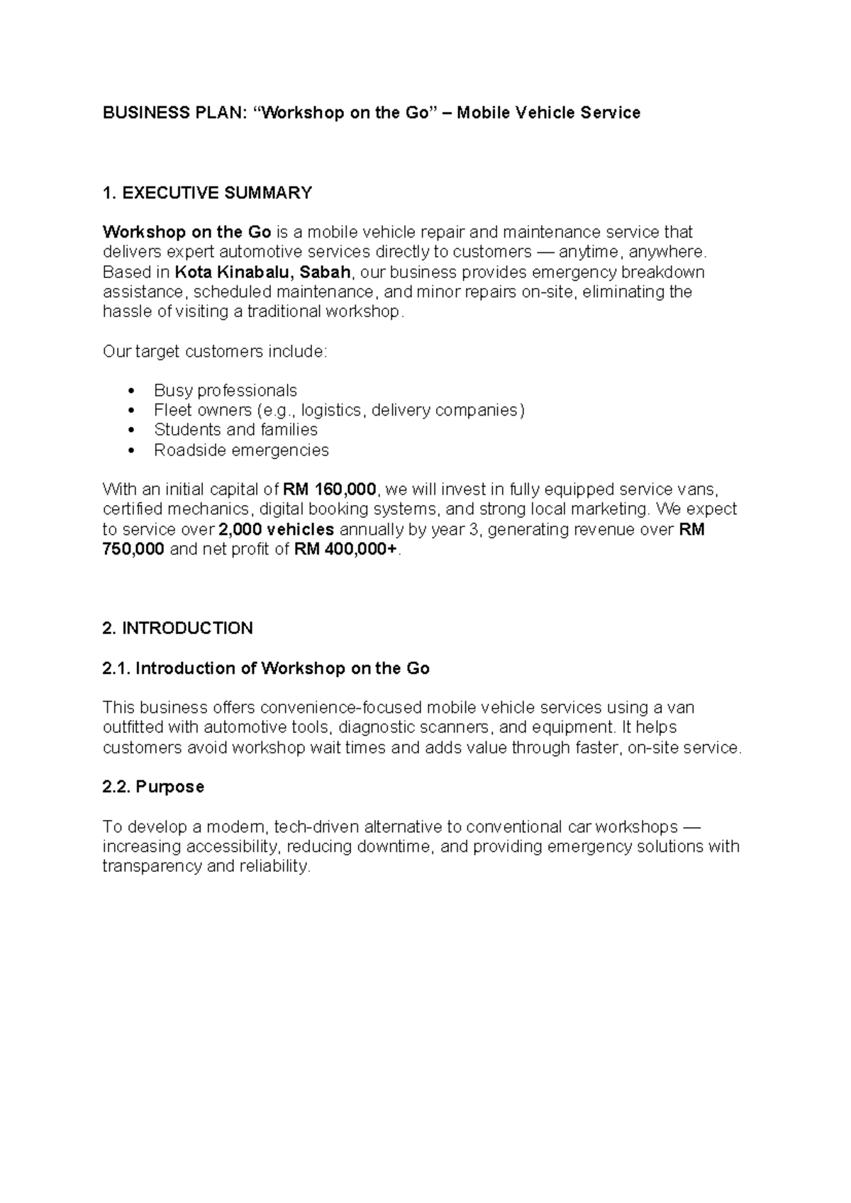 BUSINESS PLAN: Mobile Vehicle Service - Workshop on the Go - Studocu