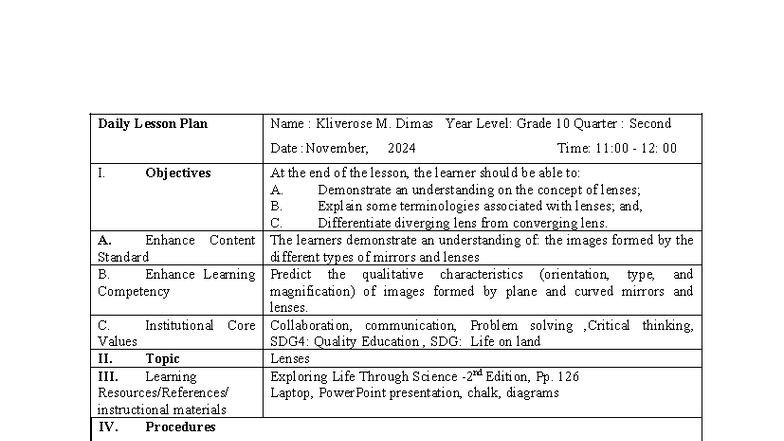 Grade 10 Daily Lesson Plan: Exploring Lenses (Q2) - Studocu