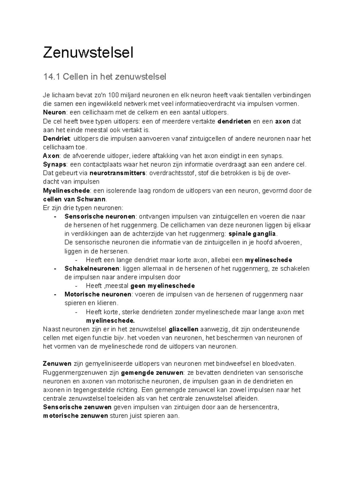 Biologie Samenvatting Zenuwstelsel H14: Cellen & Functies - Studeersnel