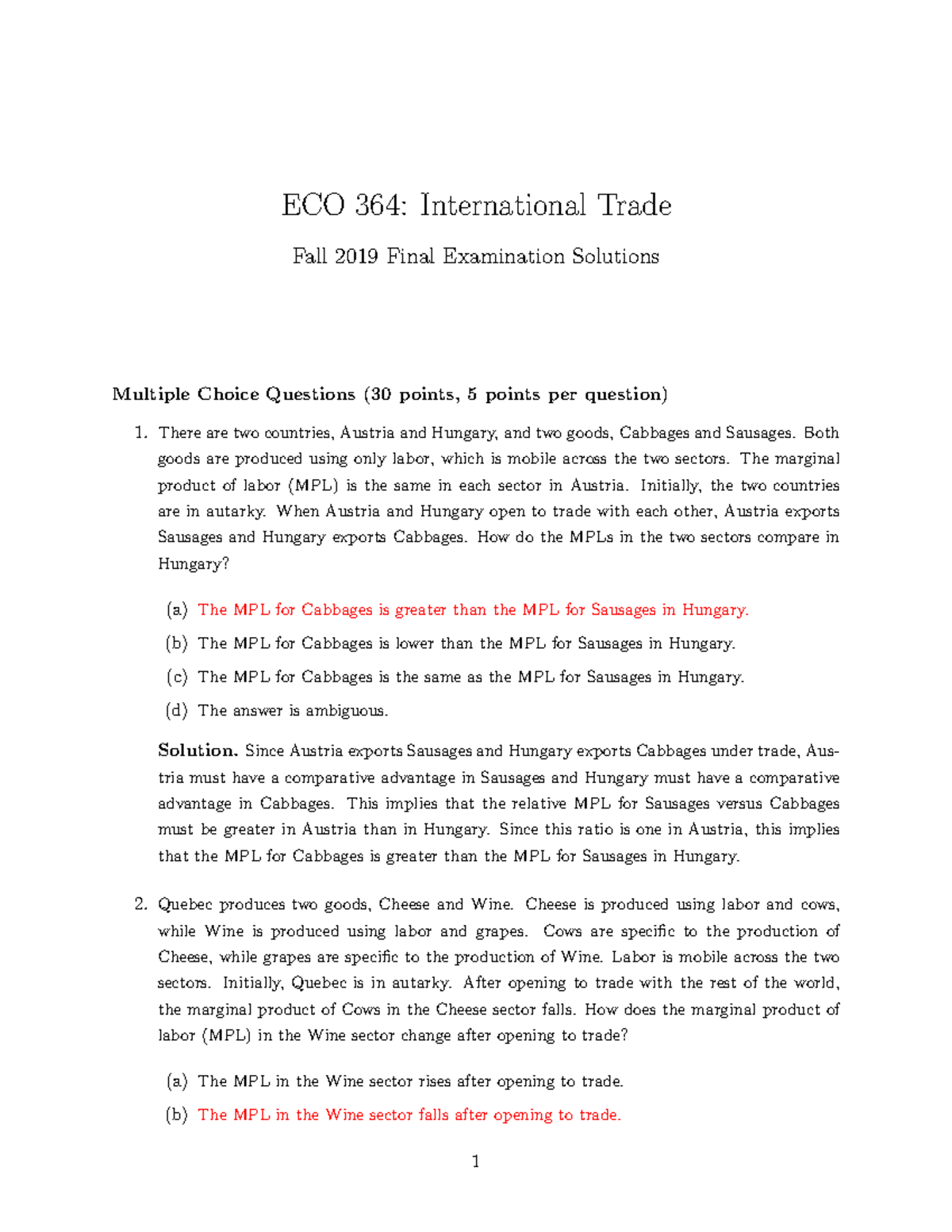 ECO364 F19 Final Exam Solutions: International Trade Analysis - Studocu