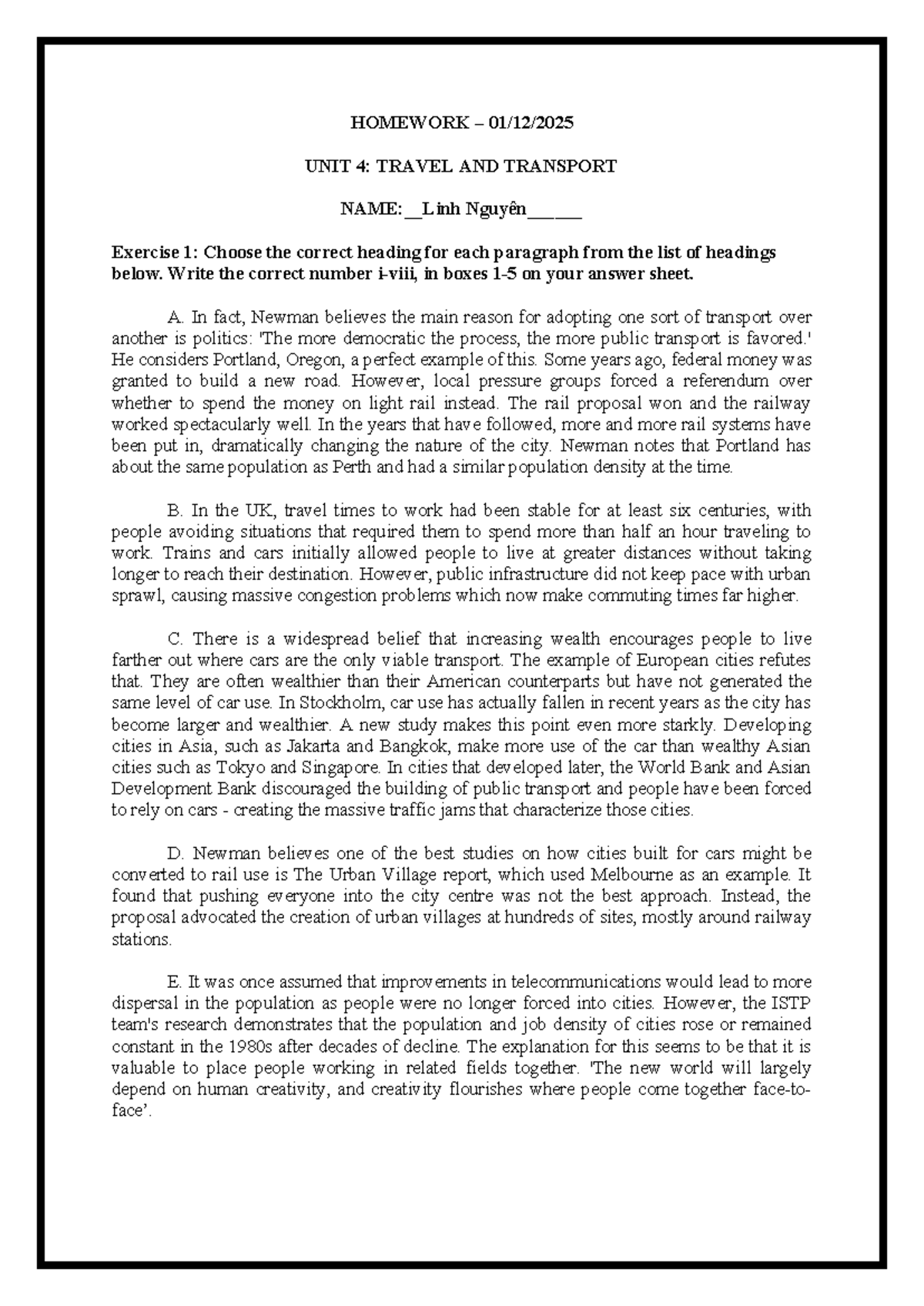 Unit 4: Travel and Transport - Homework Exercise & Headings - Studocu