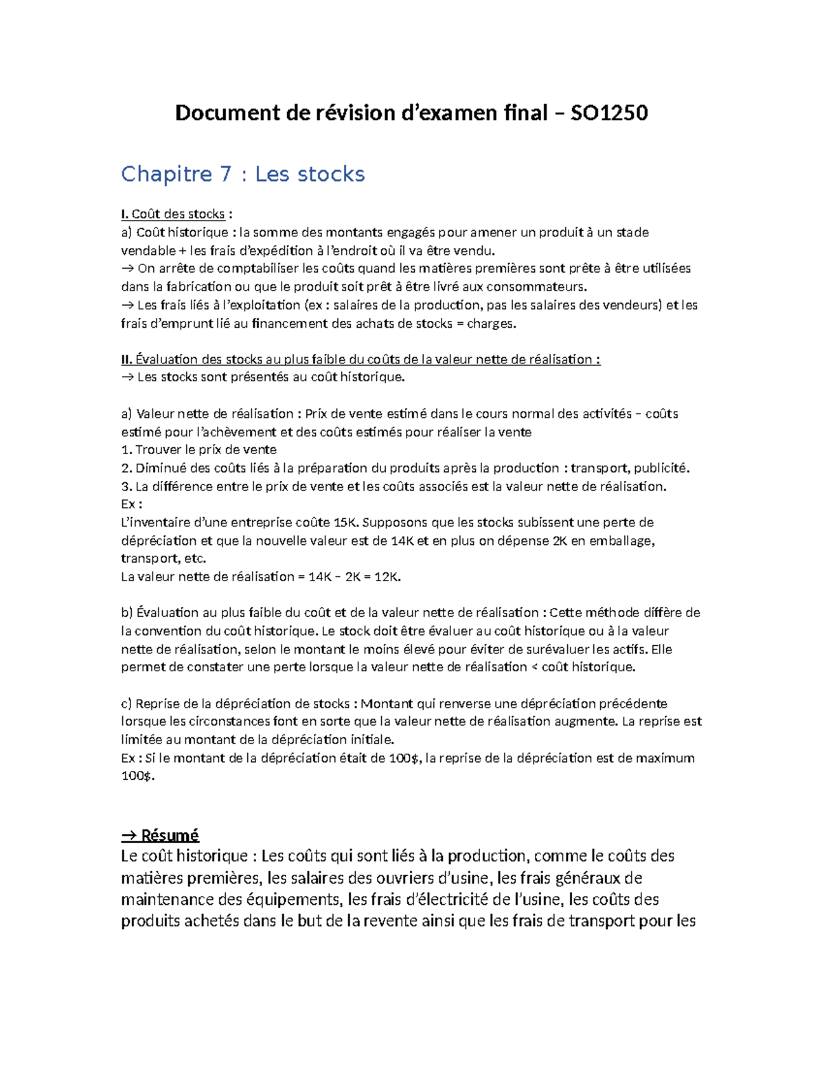 SCO1250 Révision d'examen final - Coût des stocks et immobilisations ...