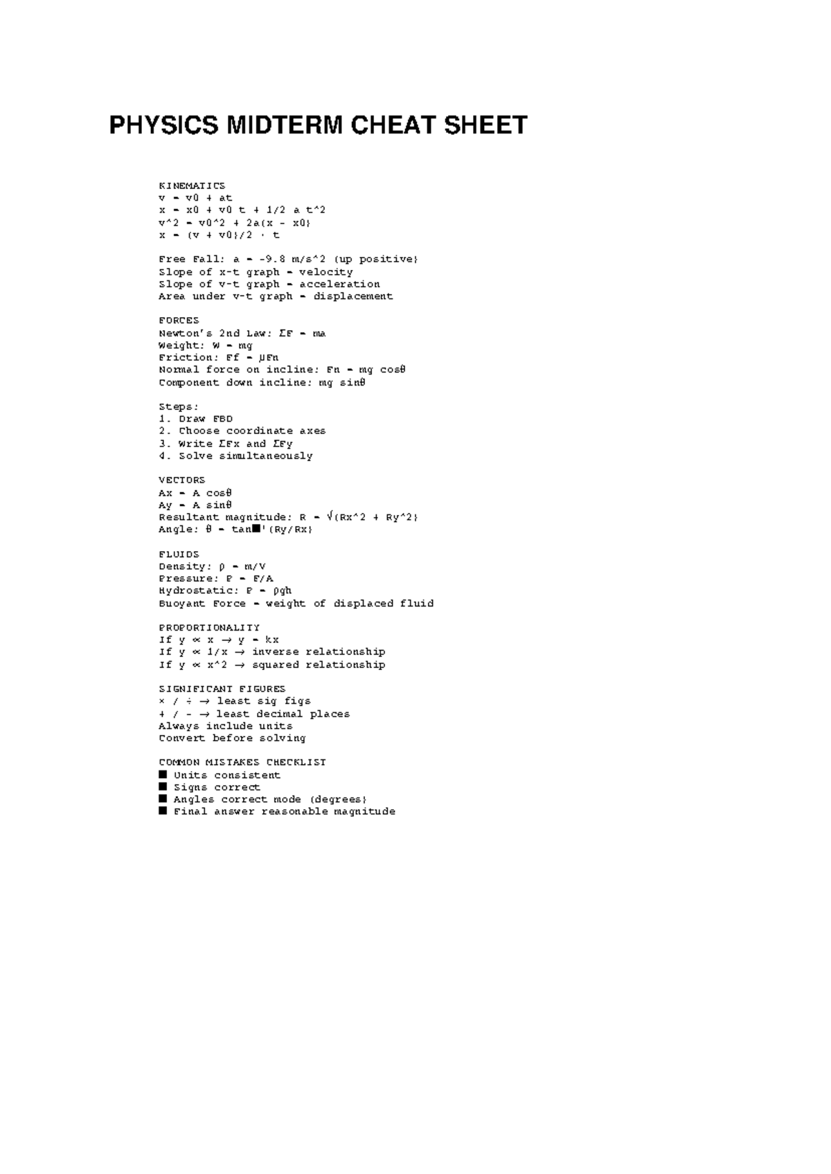PHYSICS 101 MIDTERM CHEAT SHEET: KINEMATICS & FORCES - Studocu