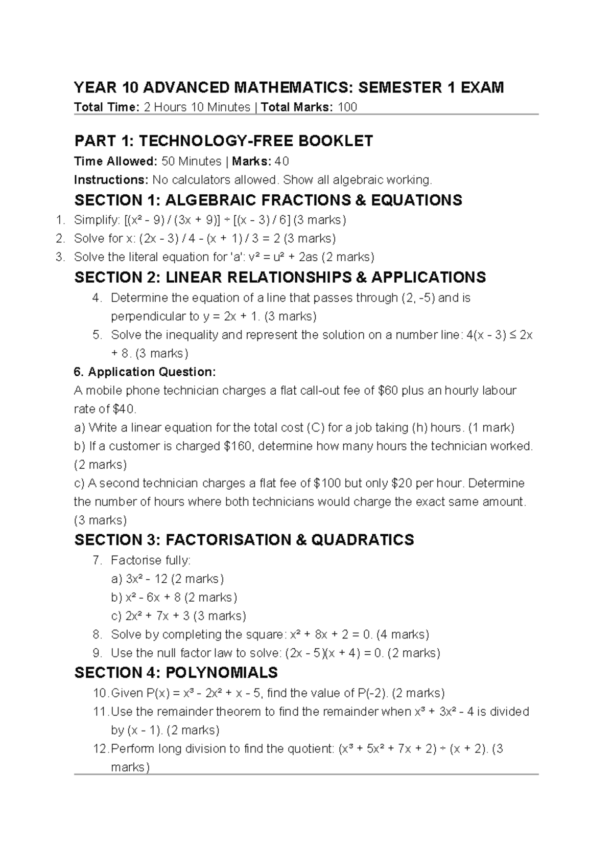YEAR 10 ADVANCED MATH: SEMESTER 1 EXAMINATION QUESTIONS - Studocu