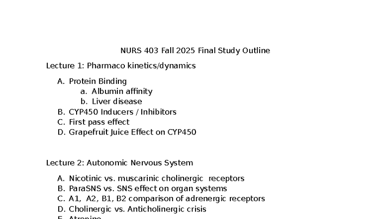 NURS 403 Fall 2025 Final Exam Study Outline: Key Lectures & Topics - Studocu