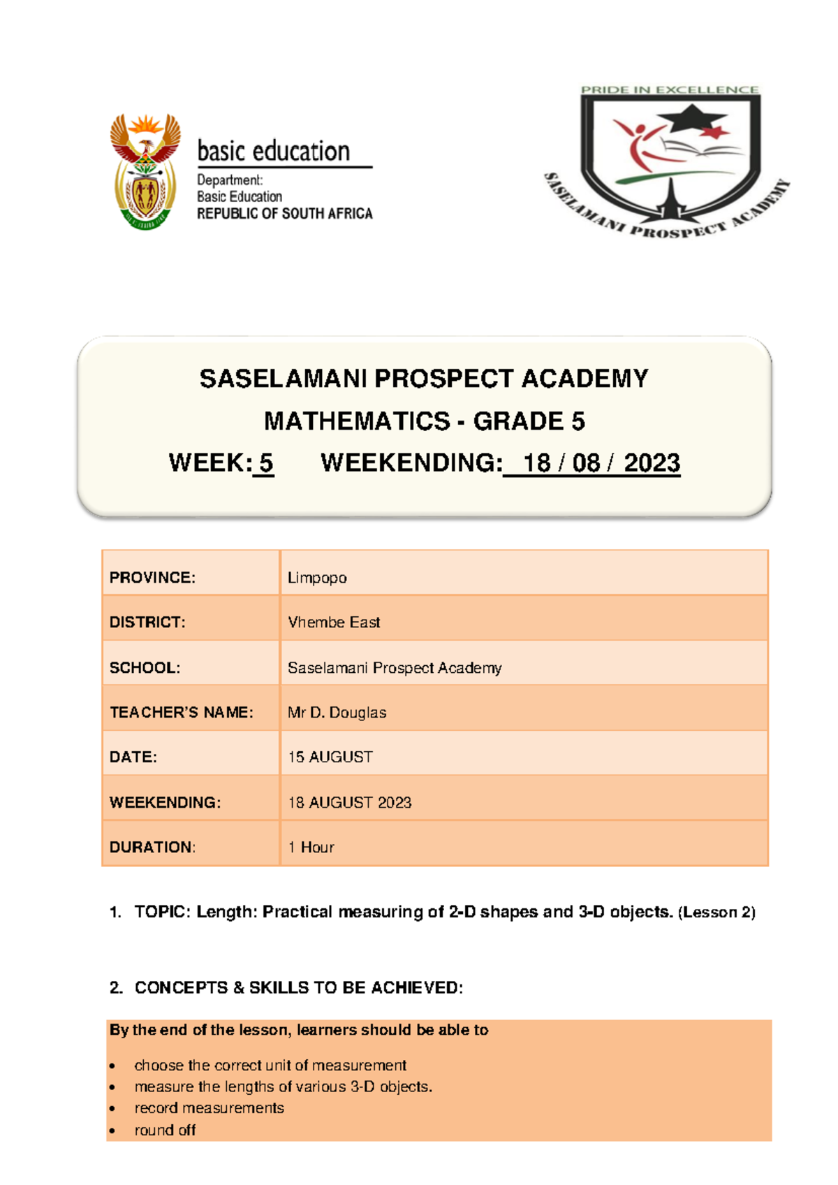 Grade 5 Mathematics Term 3 Week 5 - Lesson 2 on Measuring Length - Studocu