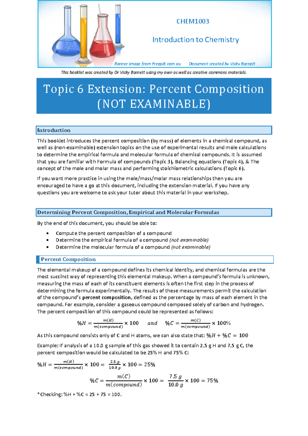 CHEM1003 Introduction to Chemistry: Topic 6 Extension on Percent ...