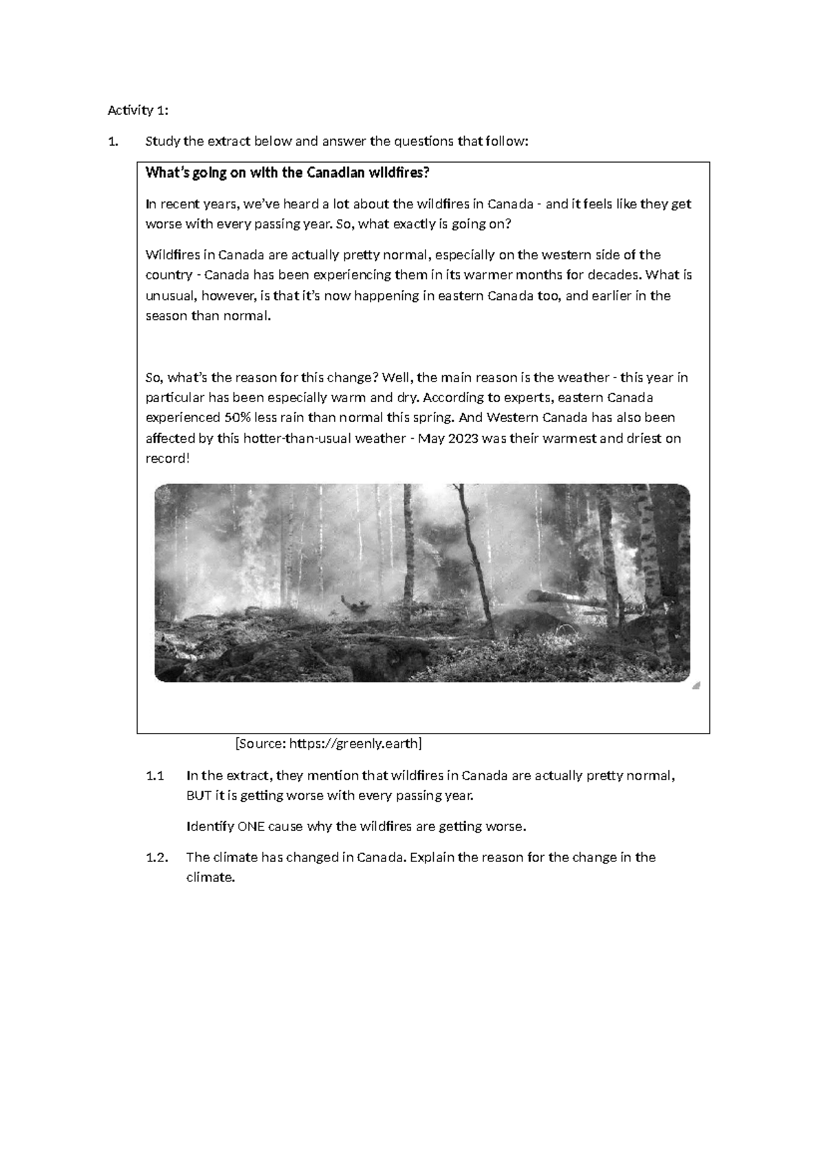 Global Warming Activity: Understanding Canadian Wildfires - Studocu
