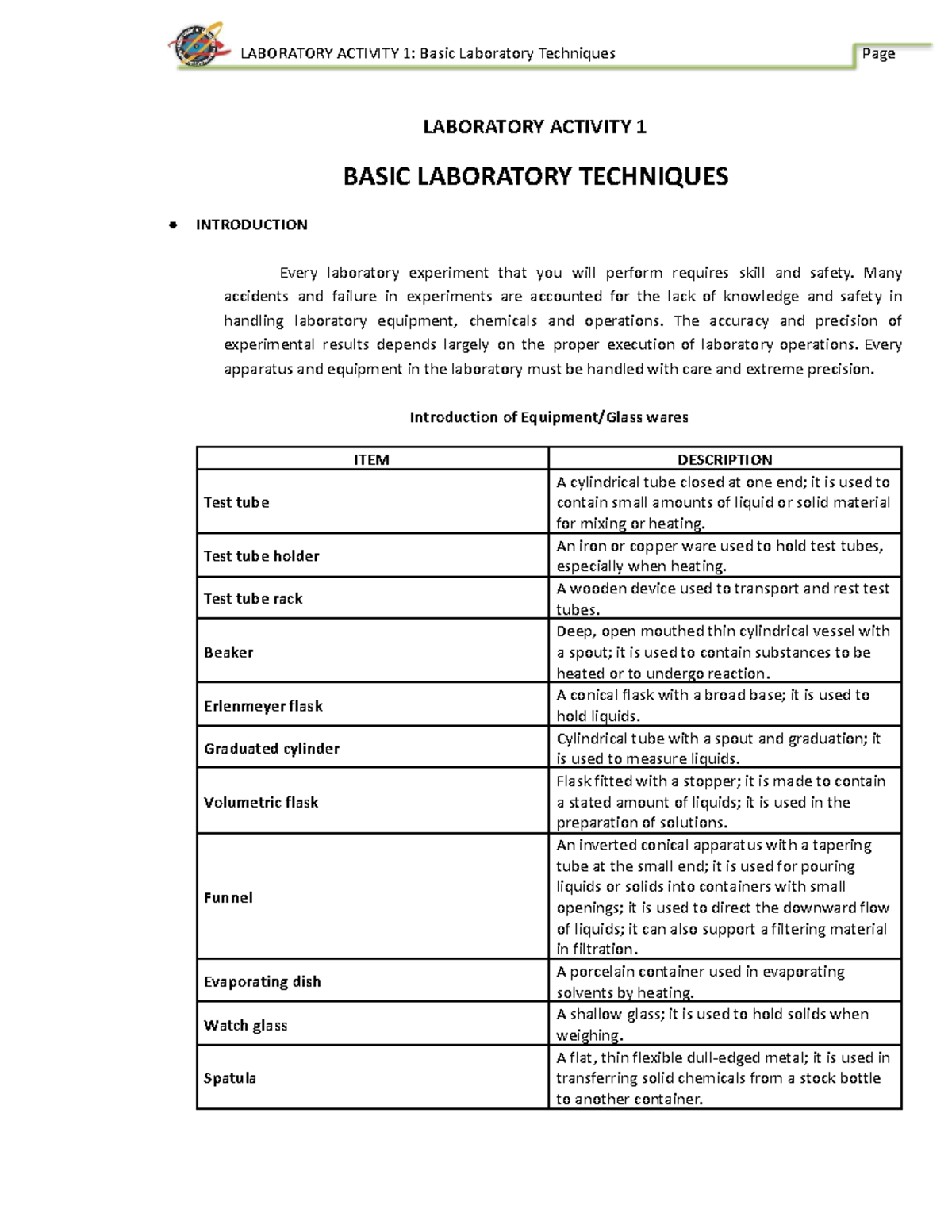 Labrep-1-Basic Lab Techniques - LABORATORY ACTIVITY 1: Basic Laboratory Techniques Page ...