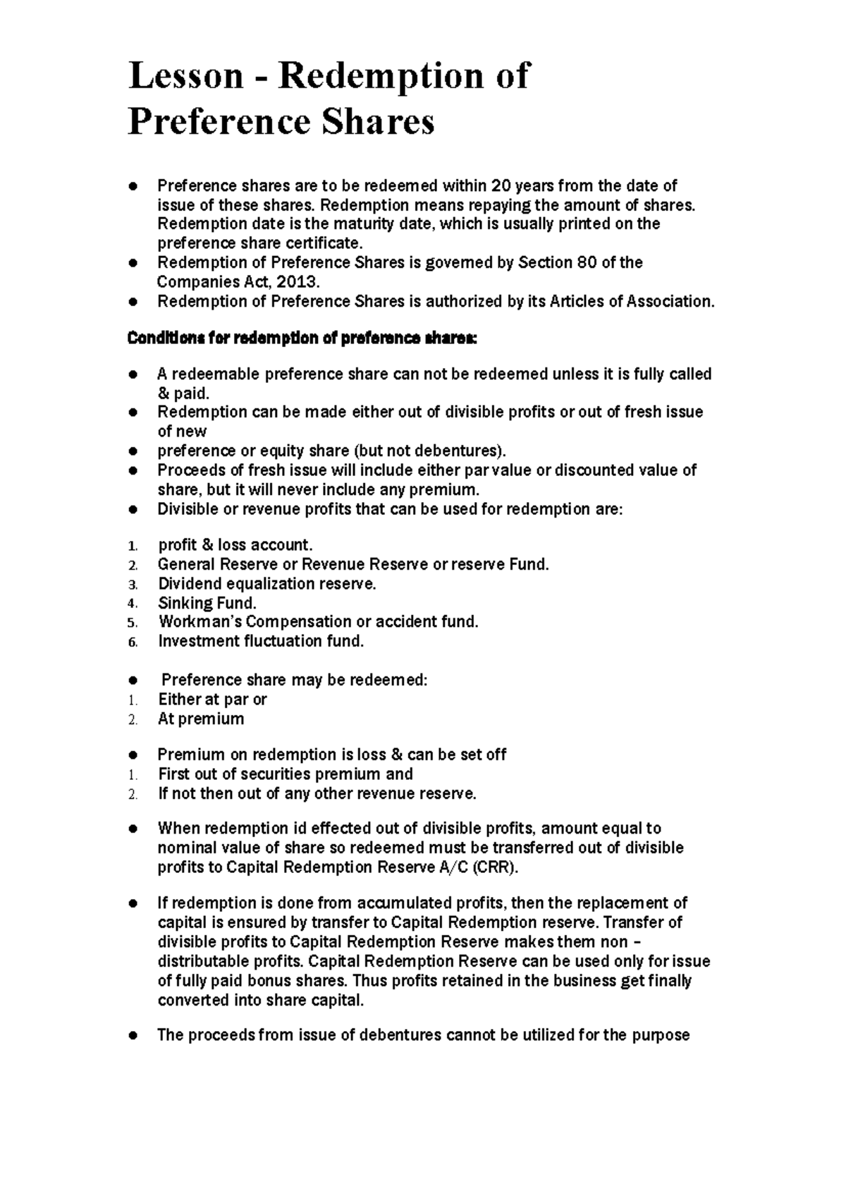 Redemption Of Preference Shares - Summary notes - Lesson - Redemption ...