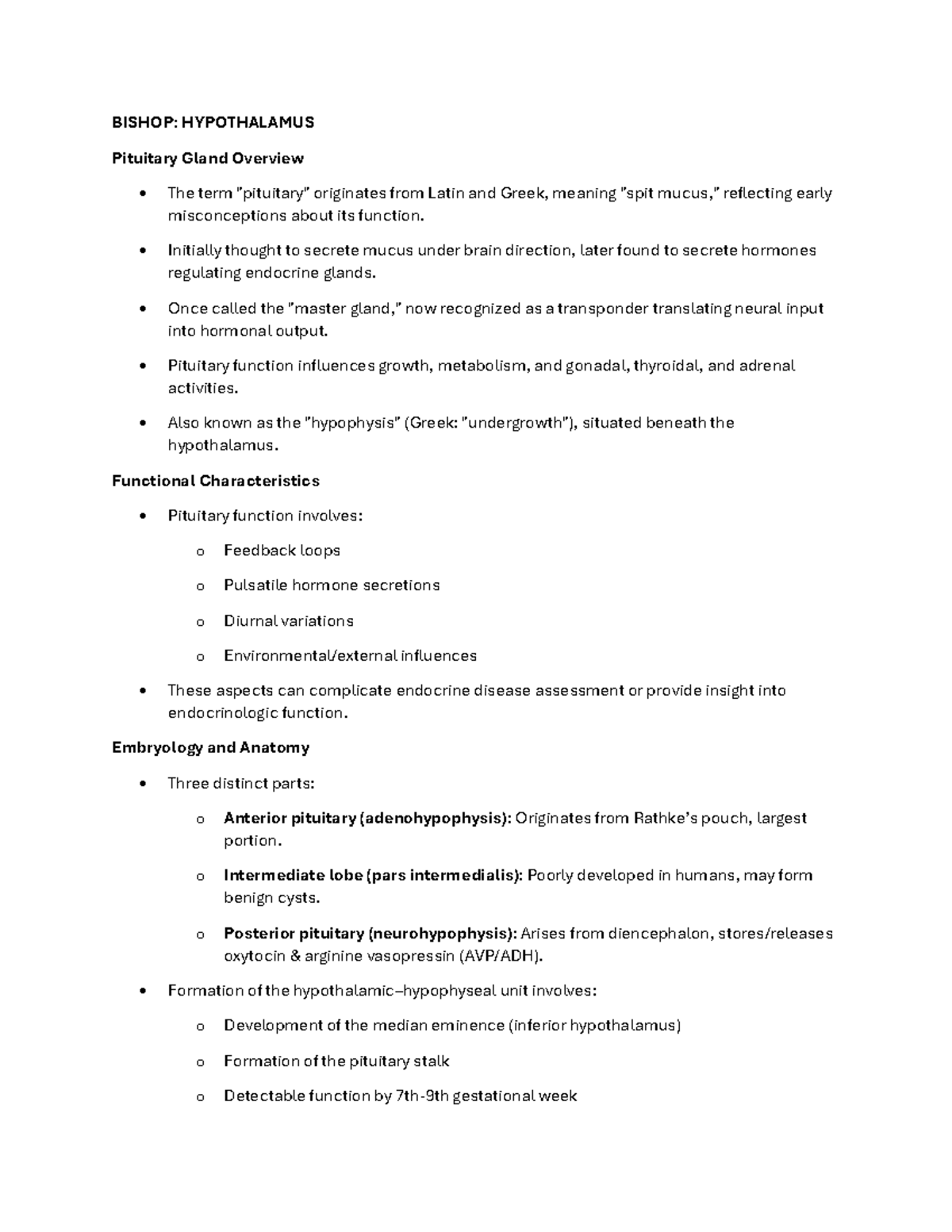 BIS HYPO: Overview of Hypothalamus and Pituitary Gland Functions - Studocu