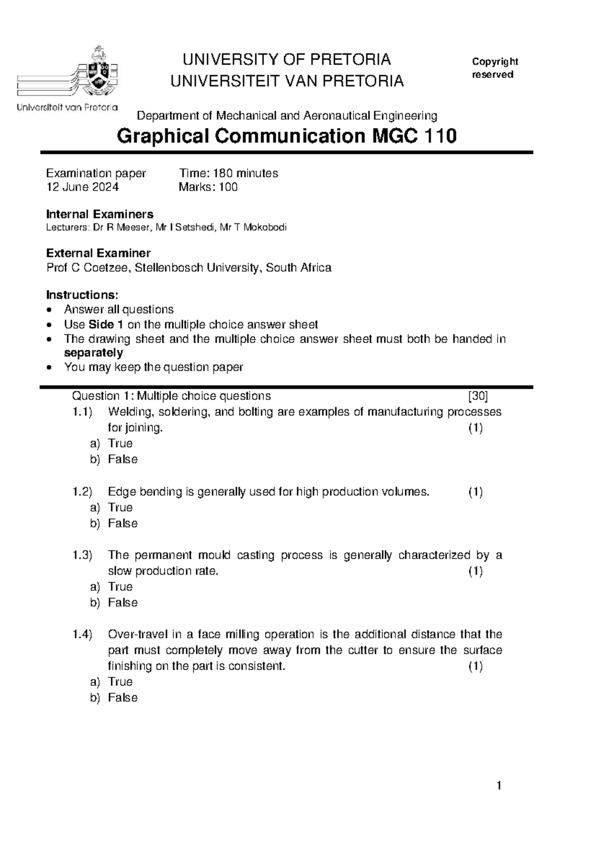 MGC 110 Final Exam - Graphical Communication - 12 June 2024 - Studocu